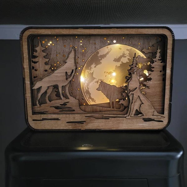 DXF, SVG Files for Laser Shadow Box Three Howling Wolves, Glowing Moon ...
