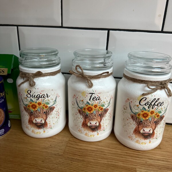 Floral Highland Cow Kitchen Canisters: Tea, Coffee, Sugar Jars - Etsy UK