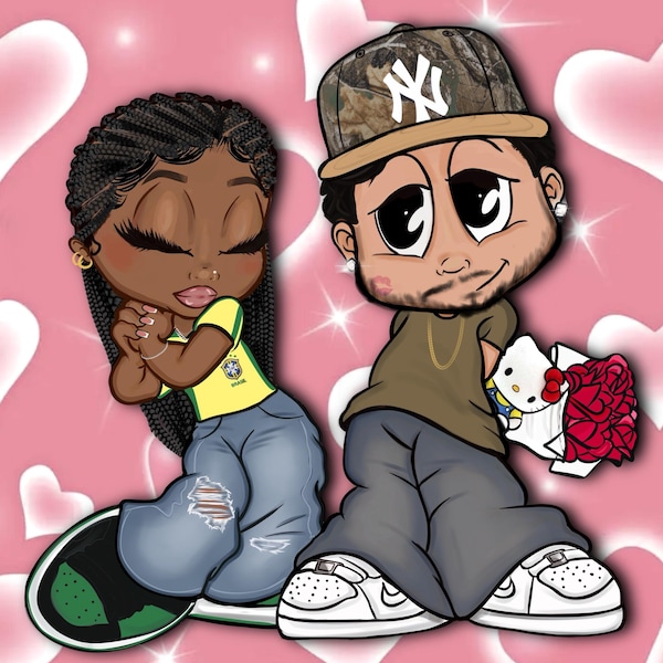 Y2k Custom Cartoon Chicano Couple Digital Art Portrait, Anniversary ...