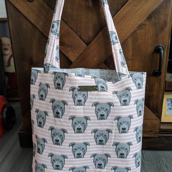 Pitbull Fabric - Grey Pit Bull on Stripes Pink by Littlearrowdesign ...