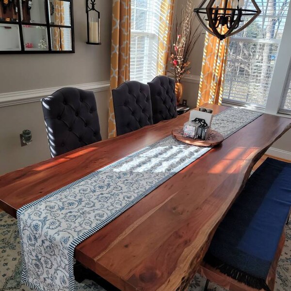 Blue Cotton Table Runner, Swirl Print With Stripe Border, Table Decor ...