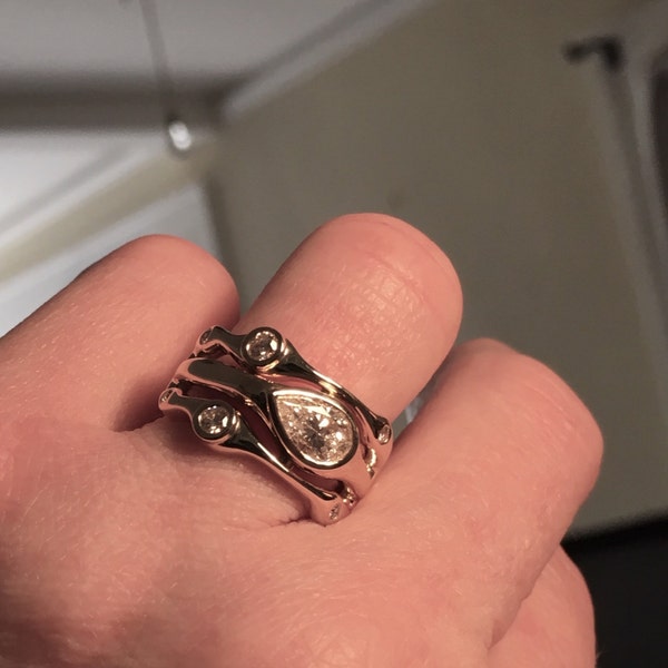 Horizontal Bezel Set Pear Shape Diamond Ring, 14K Gold Bezel Setting ...