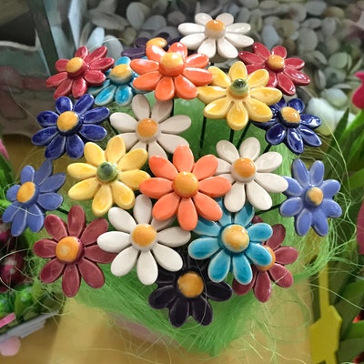 Ceramic Flowers Bouquet 9 Small Blue Flowers,floral Centerpiece of ...