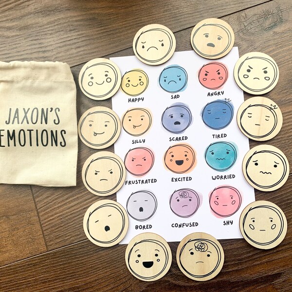 12 Wooden Emotion Flashcards, Feelings, Feelings Card, Kids Mental ...