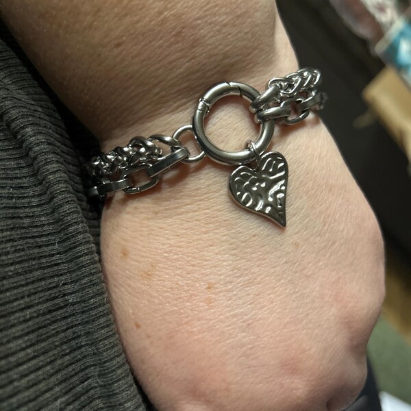 Chunky Multi Layer Silver Bracelet With Heart Charm for Women - Bold ...