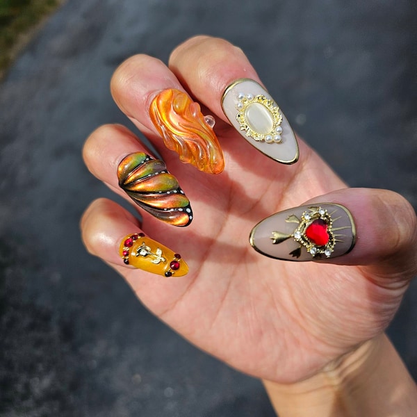 Renaissance Inspried 3D Press on Nails, Royal Theme Fake Nails Art ...