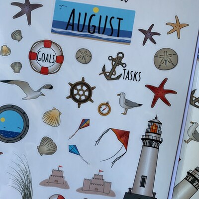 August Monthly Bullet Journal Sticker Kit Coastal Beach Themed Stickers ...