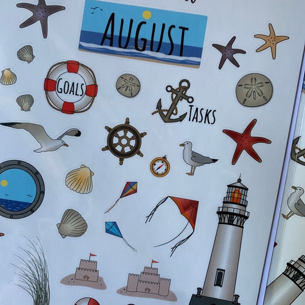 August Monthly Bullet Journal Sticker Kit - Coastal Beach Themed ...