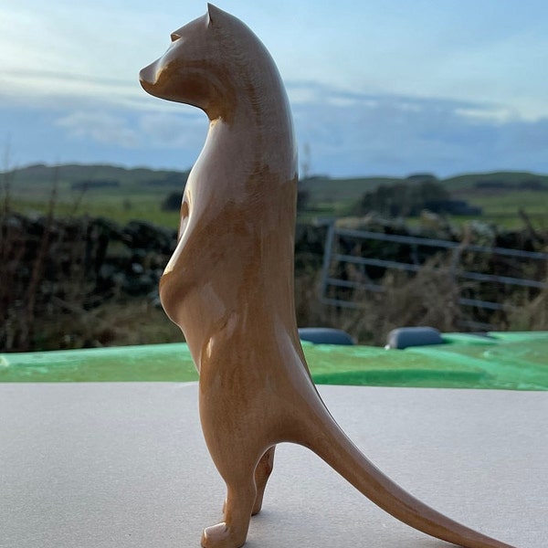 Wood Carving Brown Cat Statue, Handcarved Cat Figurine, Minimalistic ...