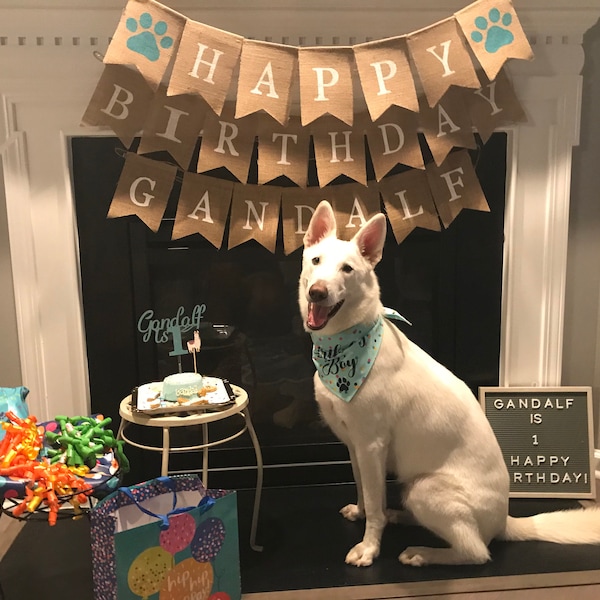 Happy Birthday Paw Print Burlap Banner, Pet Happy Birthday Dog ...