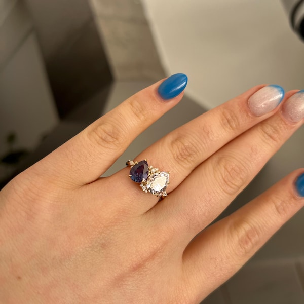 Hexagon Cut Blue Sapphire Ring Unique Rose Gold Engagement Ring ...