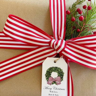 PRINTED Christmas Gift Tags Personalized Red Stripe Boxwood Bow ...