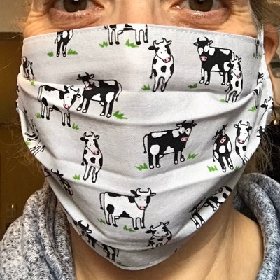 Set of 2 Cotton Face Masks-whimsical Cows on Gray, Black Leaf Print ...