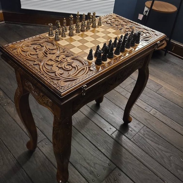 Custom Engraved Chess Table W/ Lion, Wooden Chess Set, Checker Board ...