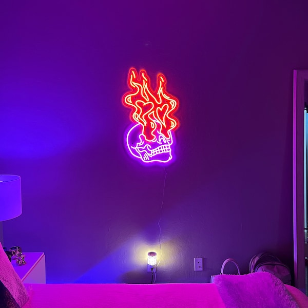 Skull Head Neon Sign Custom Handmade Art Neon Light Skull Fire Neon ...