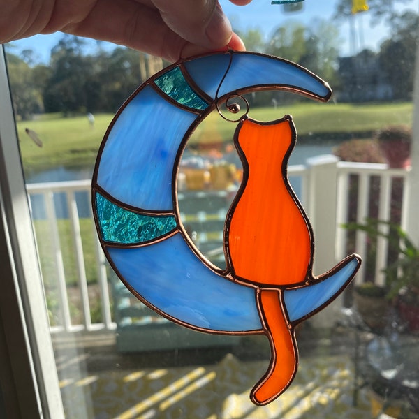 Stained Glass Cat on Moon Window Hangings Suncatcher, Pet Lost Gift ...