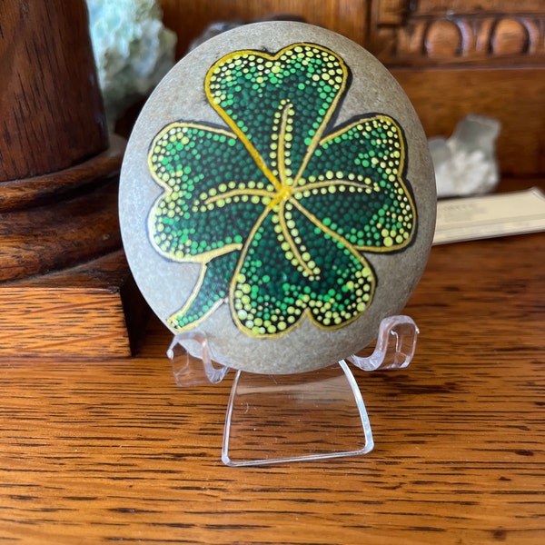 Hand Painted Lucky Charm Shamrock Dot Art Stone, Small Gift, Garden ...