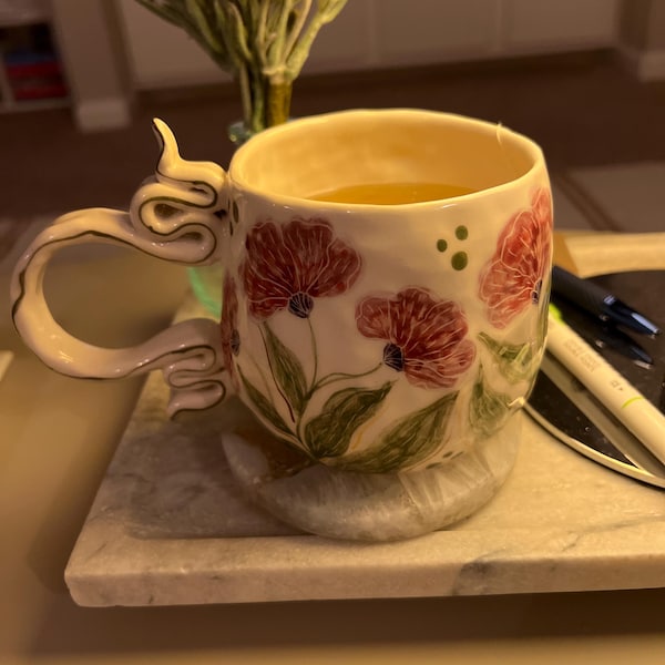 Handmade Blue Floral Ceramic Mugs Hand Painted Rustic Ceramic Tea Cups ...