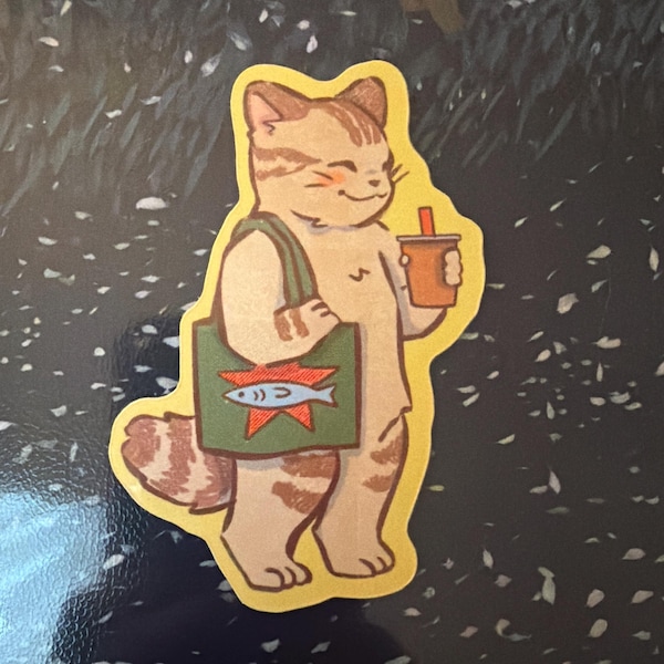 Coffee Cat Sticker | Cute Cat Sticker | Tote Bag Cat Sticker ...