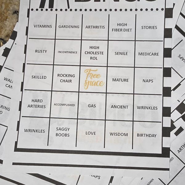 Over the Hill Bingo - Birthday Party Bingo Game - 60 Different Cards - Old Age Theme Bingo Words ...