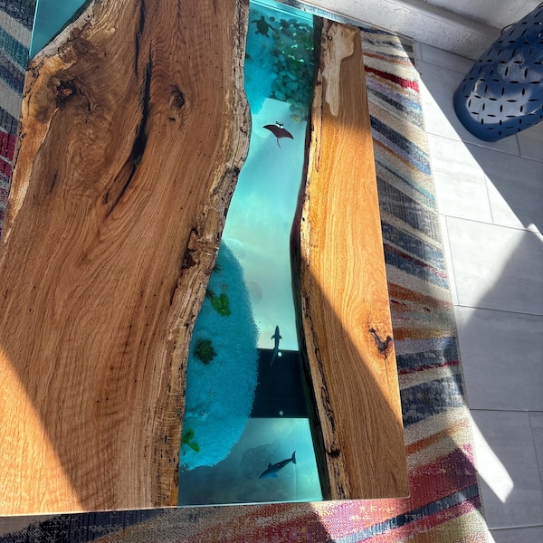 Usa-white Oak Blue Epoxy Ocean Tables. Shells Plants,starfish and ...
