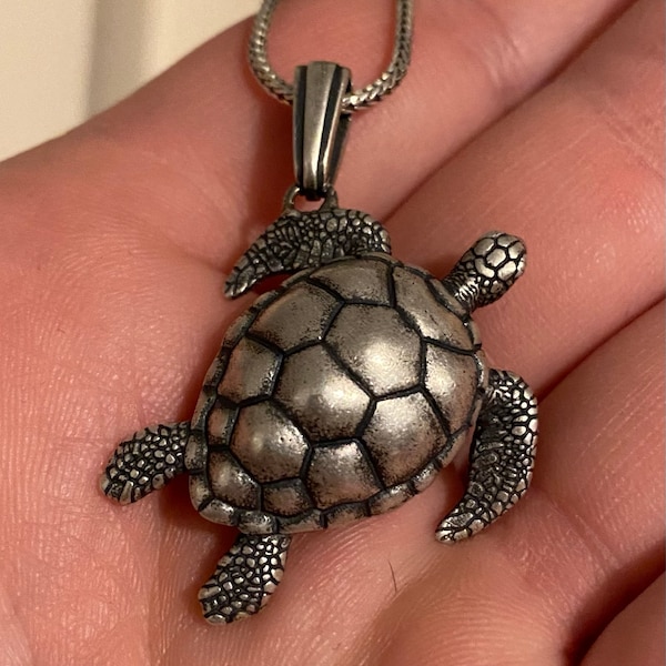 Sterling Silver Handmade Sea Turtle Necklace, Big Turtle Men Pendant ...