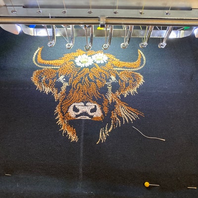 Machine Embroidery Scottish Highland Cow on Black. Machine Embroidery ...