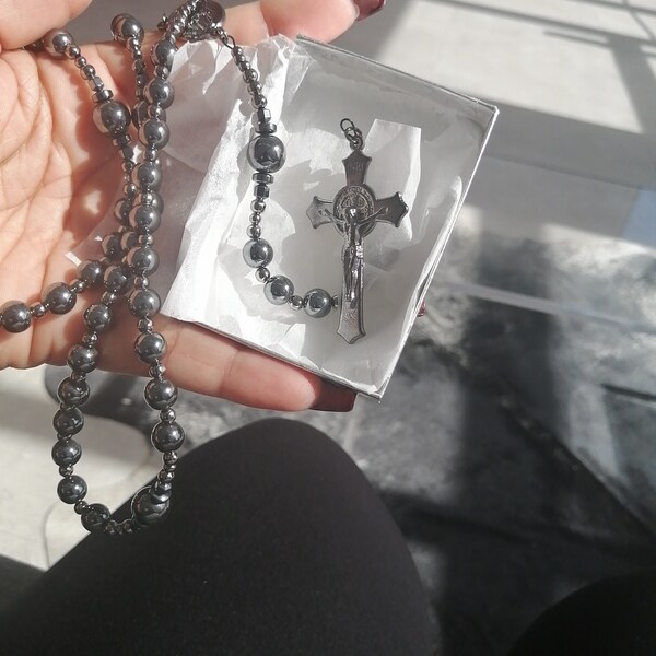 Mens BLACK Onyx 24" Rosary Papal Cross Ferula Catholic Necklace BLACK ...