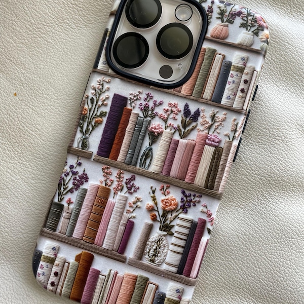 Faux Embroidery Bookish Floral Phone Case, Boho Bookshelf Phone Case ...