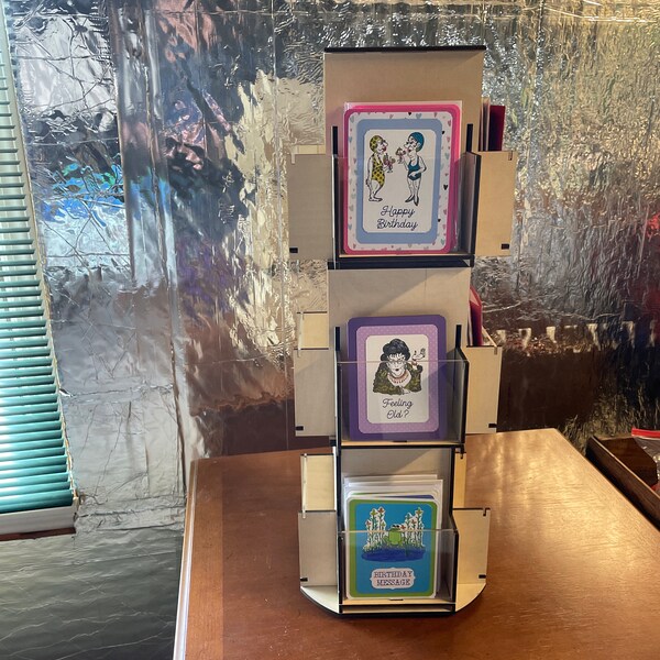 Rotating Greeting Card Display Stand, 3 Tier Wooden Organizer, 4-sided ...