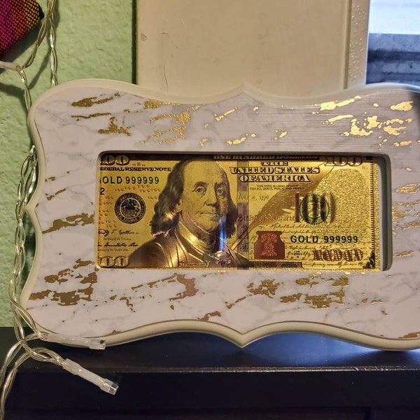 Whimsical First Dollar Bill Picture Frame in White & Gold Foil Marble ...