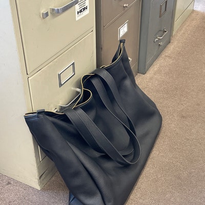 Extra Large Black Leather Tote Bag , Oversized Work and Travel Computer ...