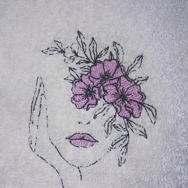 Lady With Flowers Embroidery Design, Line Art Embroidery File - Etsy