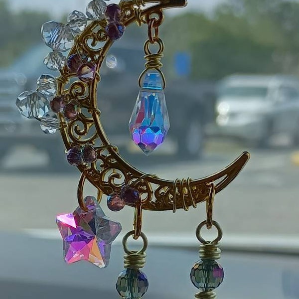 Moon Car Charm, Gold Car Decor, Purple Car Charm, Sparkly Car Charm ...
