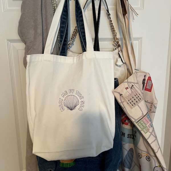 Embroidered Tote Bag, Beach Embroidered Tote Bag, Sea Shell Tote Bag ...