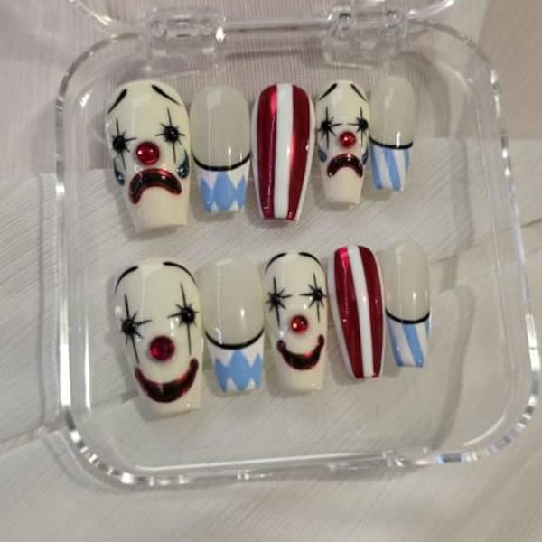 3D Moody Circus Clown Press on Nails - Spooky Happy & Sad Clowns French ...
