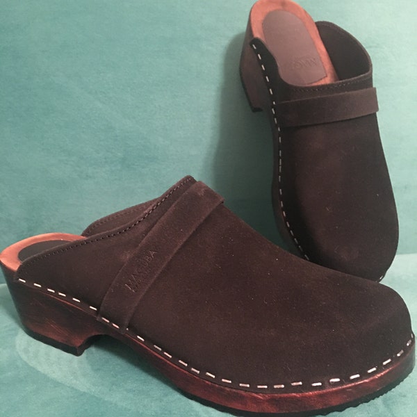 Black Nubuck Clogs, Classic Swedish Clog, Women Mules, Low Heel Wooden ...