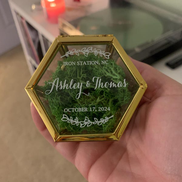 Hexagon Glass Ring Box With Moss - Gold or Rose Gold - Personalized ...
