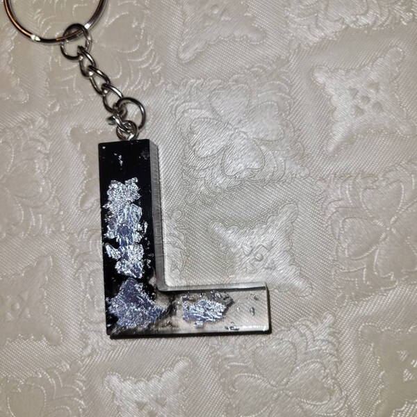 Glam Black, Clear and Silver Initial Keychain | Resin Initial Keychain ...