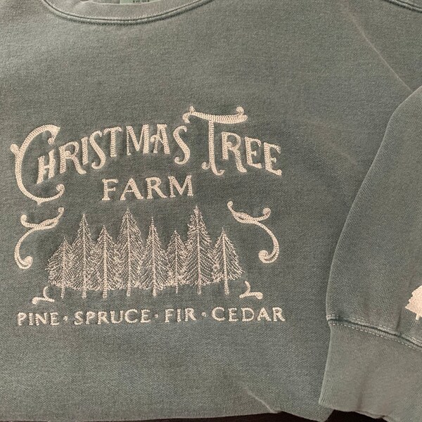 Vintage Christmas Tree Farm Comfort Colors Green Embroidered Crewneck ...