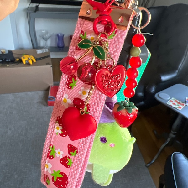 Pink Cherry Keyring With Heart Clasp, Cute Heart Keychain, Keychain ...