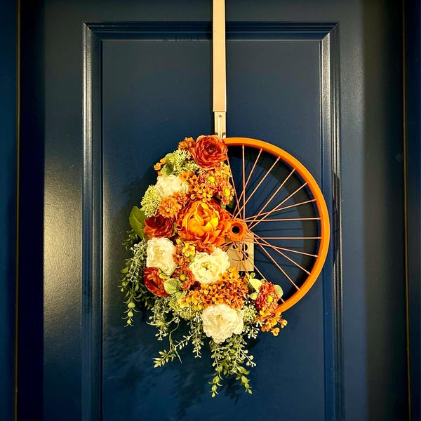 Fall Bicycle Wheel Wreath, Farmhouse Style Wreath, Fall Autumn Orange ...