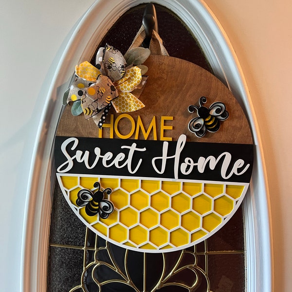 Front Door Decor, Home Sweet Home With Bees, Door Hanger, Bee Lover ...