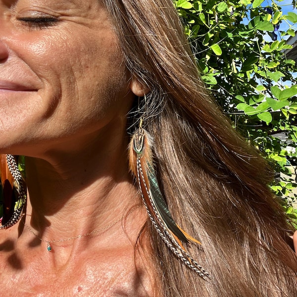 Real Feather Earrings - Brown and Forest Green Feather Earrings ...