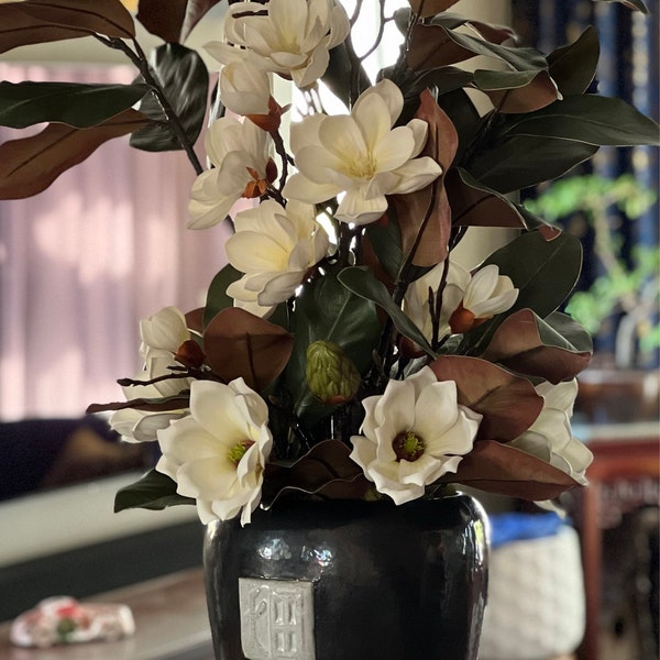Faux Natural Touch Magnolia Cream Flowers and Leaf Branch, High Quality ...
