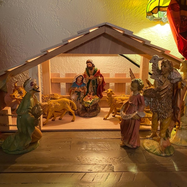Handmade Wooden Christmas Nativity, Manger, Stable With Light. Rope ...