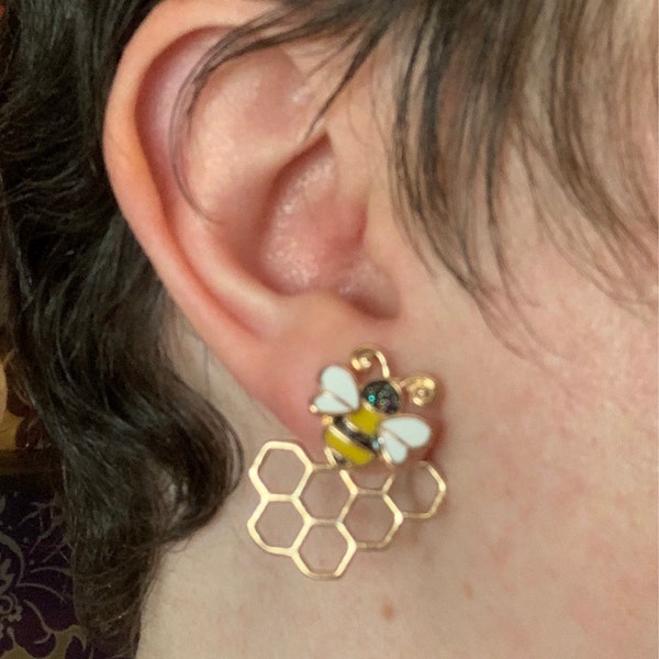 Golden Bee and Honeycomb Frontback Earrings Unique & Trendy Bee Ear ...