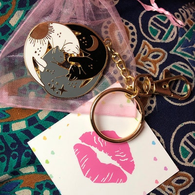 Trio of Cats Keychain Black Cat Keychain Celestial Keychain Sleeping ...