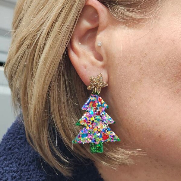 Christmas Tree Chunky Glitter Resin Earrings, Christmas Dangle Earrings ...