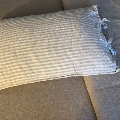 Striped Ruffle BEDSKIRT Stonewashed Linen Dust Ruffle Farmhouse Chic ...